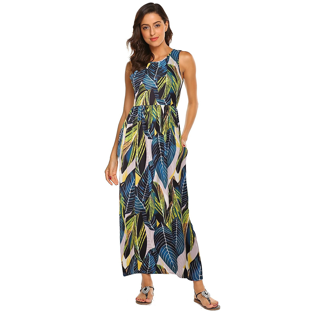 Hount Ladies Summer Dresses Clothing Women's Summer Casual Sexy Sleeveless Long Maxi Dress with Pockets Leaf Print L