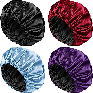 Geyoga 4 Pieces Silk Satin Bonnet Sleep Cap Extra Large Hair Bonnet for Sleeping Double Layer Reversible Hair Cap for Women Natural Curly Hair