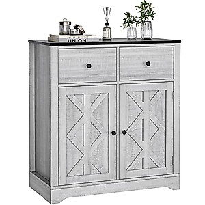FOTOSOK Kitchen Cabinet with 2 Doors and 2 Drawers, Farmhouse Buffet Cabinet with Adjustable Shelves, Storage Cabinet Coffee Bar for Kitchen Entryway Living Room, Grey