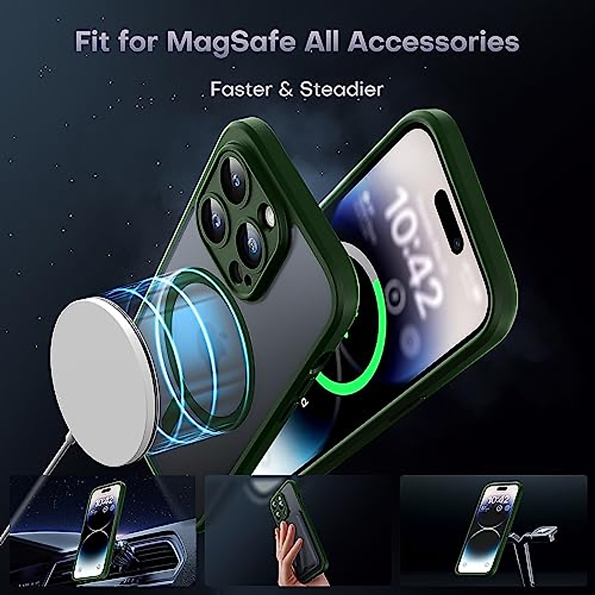 TOCOL 3 in 1 Magnetic for iPhone 14 Pro Case, Upgraded [Full Camera Protection] with 2 Screen Protector, Fit for MagSafe, [Military Grade Drop Tested] Translucent Matte Back Cover 6.1", Alpine Green