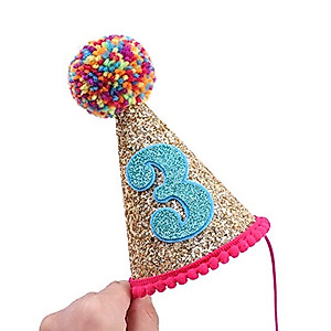 Baby's Cone Hat for 3rd Birthday Celebration - Colored Fur Balls Glitter Crown Cap with Handmade Details for Girls/Boys