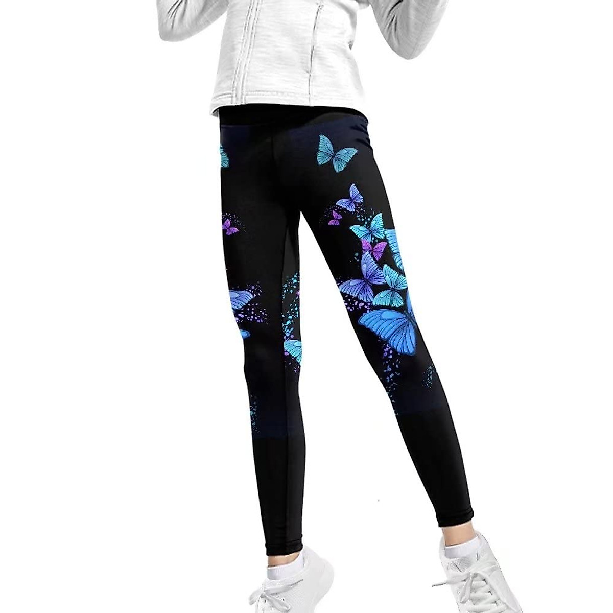 FOR U DESIGNS Kids Leggings Blue Butterflies Print Sport Athletic Leggings Gym Dance Running Yoga Pants High Waisted Leggings for Girls Casual Active Leggings Stretch Ankle Length Tights