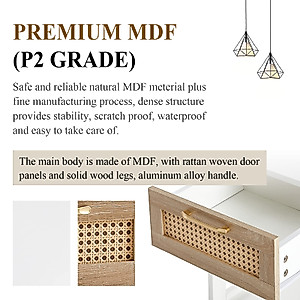 LETESA Rattan Nightstands, with Rattan Decor Drawer and Open Shelf, Bed Side Tables with Solid Wood Feet, End Table, Night Stands, for Bedroom, Living Room (1, White-Square)