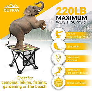 Outrav Camping Stool - Outdoor Travel Folding Small Chair - Portable Stool for Camping, Fishing, Hiking, Gardening, & Beach - Heavy Duty, Lightweight Easy to Carry Camping Seat with Carry Bag (Camo)
