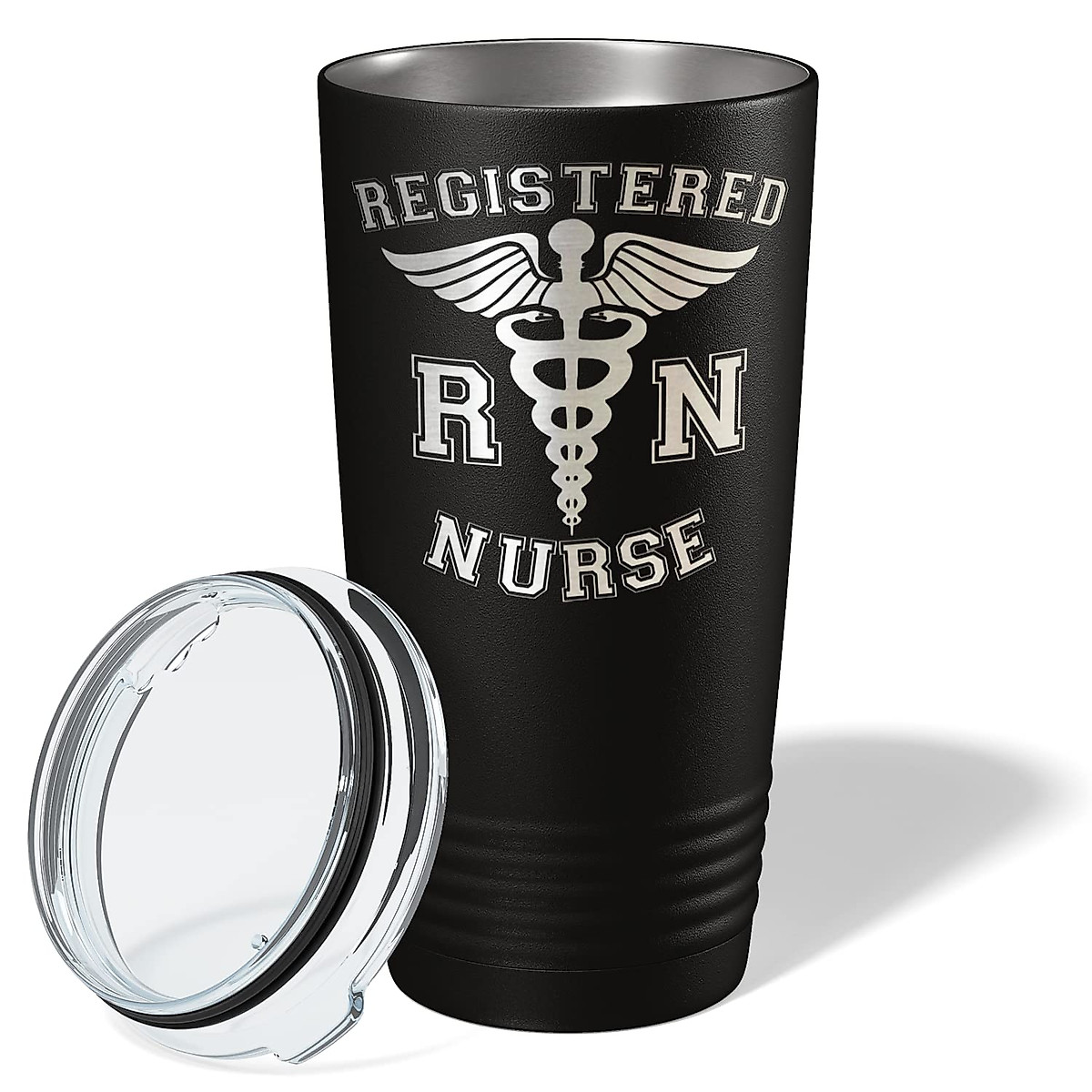 RN Registered Nurse Gift, Nursing School on Black 20 oz Stainless Steel Tumbler with Lid - Insulated Cup - Travel Mug