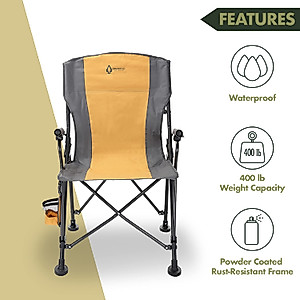 ARROWHEAD OUTDOOR Heavy-Duty Solid Hard-Arm High-Back Folding Camping Quad Chair, Heavy-Duty Carrying Bag, Cup Holder Included w/Side Pouch, Supports up to 400lbs, USA-Based Support (Tan & Gray)