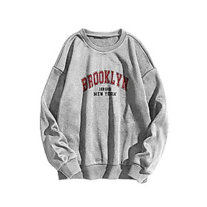 WDIRARA Women's Letter Graphic Print Round Neck Long Sleeve Sweatshirt Tops Pullovers Grey L