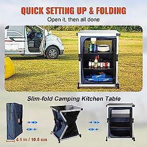 VEVOR Camping Kitchen Table Storage, Outdoor Pop-up Aluminum Portable Folding Cook Station with 3-Tier Organizer, Side Pocket & Carrying Bag, Quick Set-up for BBQ Party Backyard RV Traveling, Blue