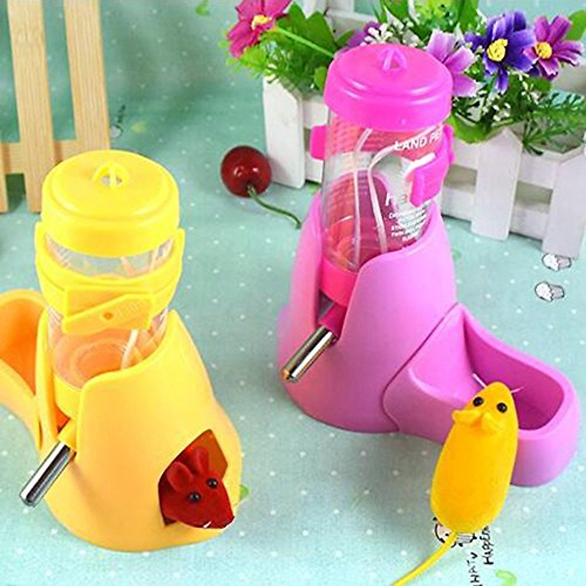 Hamster Automatic Water Bottle Drinking Feeder Dispenser Bottle 80ML with Food Feeder Station bowl Pet Container for Small Animals(Yellow)