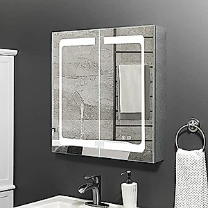Janboe 24 Inch X 28 Inch Illuminated Led Mirror Cabinet for Bathroom Stainless Steel Wall Mounted Medicine Cabinet with Double Touch Switches for Clor Change, Dimmer and Anti-Fog Function