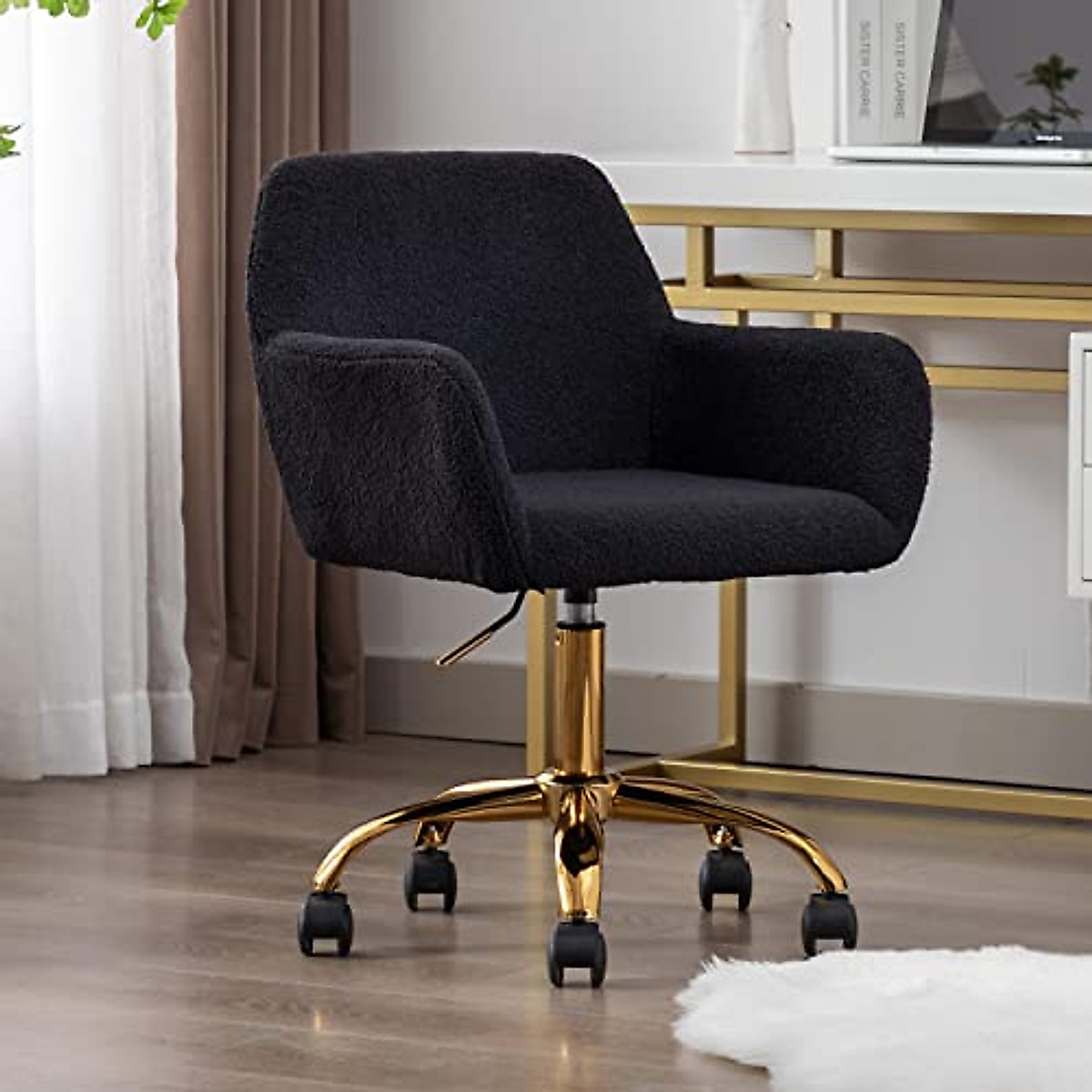 Goujxcy Fluffy Desk Chair, Black Faux Fur Vanity Chair Swivel Office Chair for Girls Women, Height Adjustable Cute Teddy Furry Makeup Chairs for Bedroom Home Office