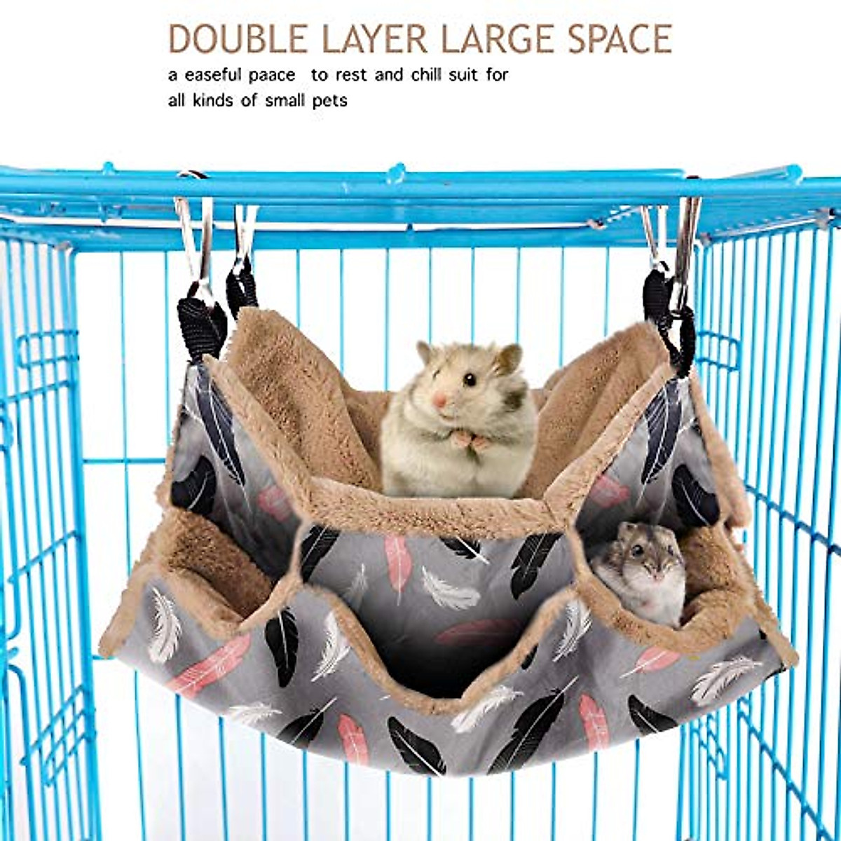 Petmolico Small Pet Hanging Triple-Layer Warm Hammock Bed Cage Accessories Bedding Hideout Playing Sleeping for Parrot Sugar Glider Ferret Squirrel Hamster Rat, Brown Feather