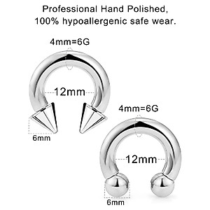 Ftovosyo PA Ring Internally Threaded Spike & Ball Circular Barbells Horseshoe Large Septum Ring Ear Gauges Earrings 6G 4mm 12mm 1/2" 316L Surgical Steel Pierced Body Jewelry for Women Men