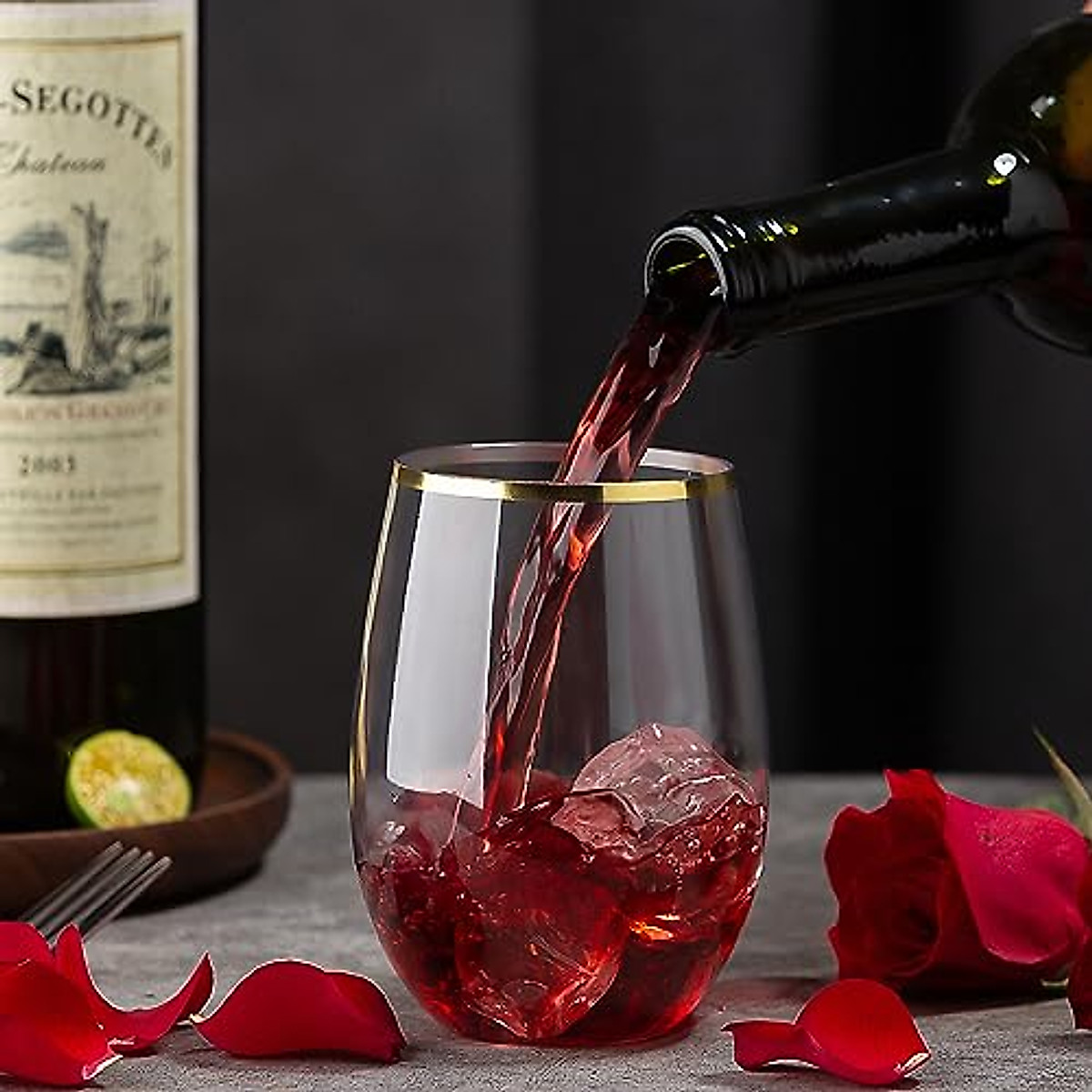 ROIMEE VONT 20 Pack 16oz Plastic Stemless Wine Glasses Disposable Heavy Duty Unbreakable Clear Plastic Wine Glasses Recyclable Shatterproof Reusable Plastic Red/White Wine Cups for Parties Weddings