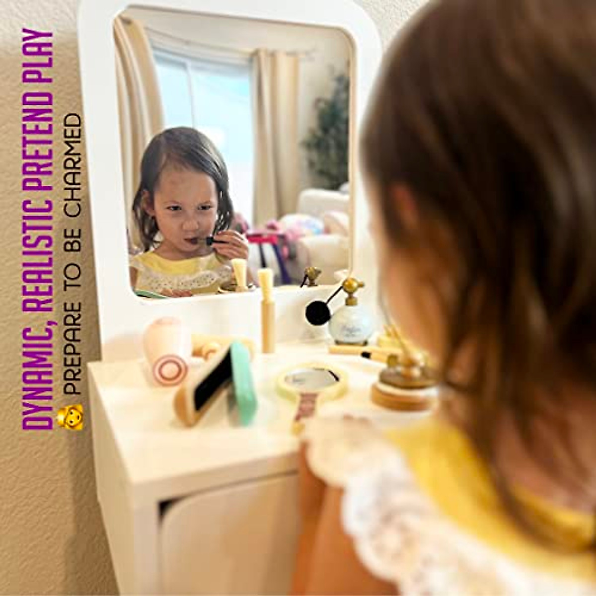 Montessori Mama Makeup and Salon Set - Wooden Pretend Play Beauty Play Makeup Kit with Styling Tools and Cosmetics - Pretend Makeup for Toddlers for 4 Year Old Girl