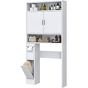 YITAHOME Over The Toilet Storage, Bathroom Storage Over The Toilet, Bathroom Cabinet with Adjustable Shelves, Double Doors, Trash Can Placement Ring, Tissue Box Holder for Bathroom (White)