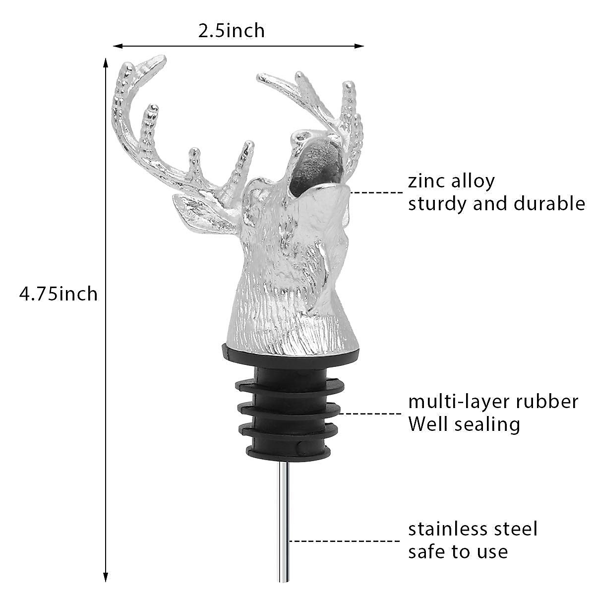 Deer Head-Wine Pourer Spout,Wine Bottle Stopper for bar and Home, Animal Wine Pourer,Accessories Birthday and Wedding Christmas Gifts (Slivery)