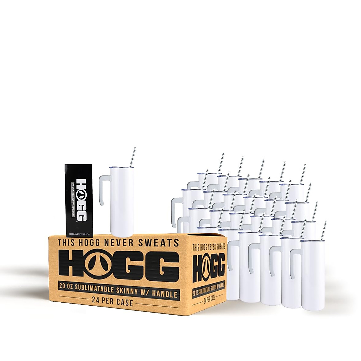 Hogg 20oz Sublimatable Skinny Tumbler with Removable Handle Case (24 Pack), Lid, and Stainless Steel Straw, DIY, Customizable, Double Wall Insulated Tumblers