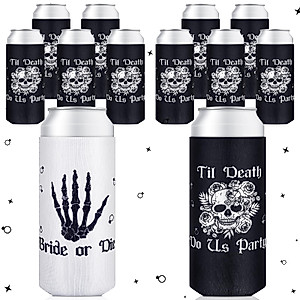Dandat 12 Pcs Bride or Die Bachelorette Party Can Sleeves Till Death Beverage Sleeves Neoprene Drink Cans Covers Bride or Die Bachelorette Party Decorations Gothic Skeleton(White, Black)