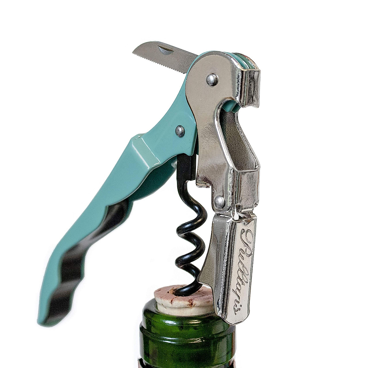Pulltap's Double-Hinged Waiters Corkscrew, Wine Opener and Foil Cutter, Beer Bottle Opener, Turquoise