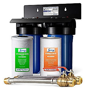iSpring WGB21B 2-Stage Whole House Water Filtration System with 3/4 inch Push-Fit Braided Stainless Steel Hose Connectors and Ball Valve