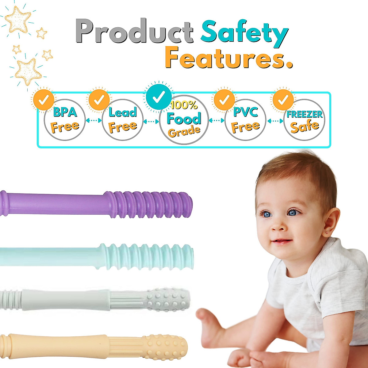 Soft Hallow Silicone Teething Tubes for Babies, (4 Pack) Baby Teether Tubes Includes Cleaning Brush, Soothing Teether & Flexible Teething Stick Toy for Infants & Toddlers, 100% Safe for Girls & Boys