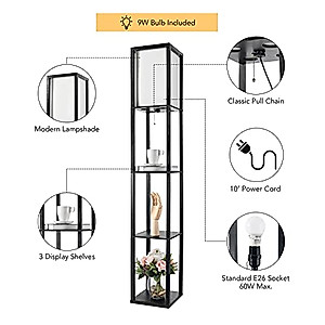 VONLUCE Shelf Floor Lamp, Etagere Lamp with Shelves, Standing Lamp with 3 Wood Display Storage Shelves for Bedroom Bedside Corner Living Room, Simple Modern Floor Lights with LED Bulb