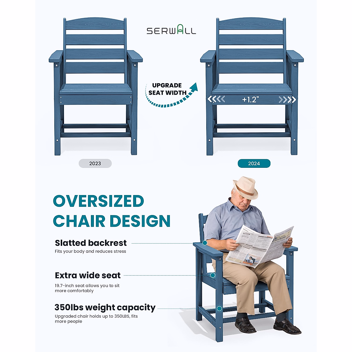 SERWALL 7-Piece Patio Dining Table Sets, Outdoor HDPE Dining Furniture Set with Umbrella Hole Cut-Out Table and 6 Chairs, Blue