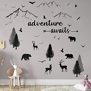 Pajean Woodland Nursery Wall Stickers Tree Wall Decals Vinyl Wall Quotes Stickers Jungle Wild Mountain Forest Animal Deer Bear DIY Stickers for Kids Room Decor Boy Living Room Bedroom, 9.8 x 13.8 Inch