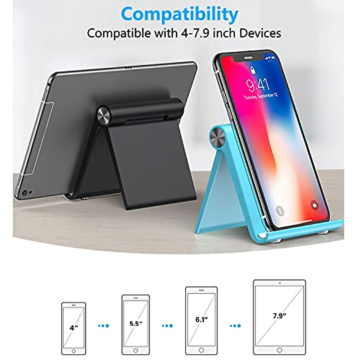 VOVIGGOL Cell Phone Stand Holder, Cellphone Holder Adjustable Desktop Phone Stand for Desk, Foldable Phone Cradle Dock Mobile Stand for iPhone iPad Tablet 4 to 7.9 Inch Smartphones (Black)