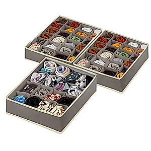 Secret Space Sock and Underwear Organizer 3 Pack, Large Capacity 64 Cell Sock Drawer Organizer Divider, Sturdy Closet Drawer Organizer and Storage Box for Socks, Panties, Ties, Belts, Dark Grey