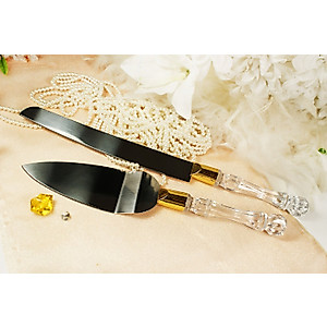 Wedding Knife and Cake Server Set With Clear Acrylic Handle (Gold, Unengraved)