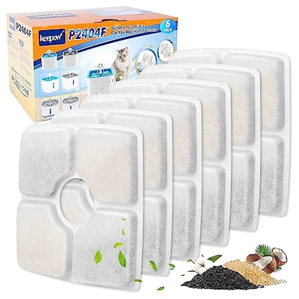 KEEPOW Cat Fountain Filter, 6 Pack Pet Filter Replacement for 84oz/2.5L Square Cat Fountain Dog Water Dispenser, Triple Filtration System
