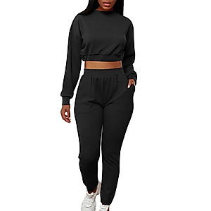 Mizoci Women's 2 Piece Outfits Lounge Jogger sets Long Sleeve Crop Top Pant Sweat Suit Tracksuit,Medium,Black