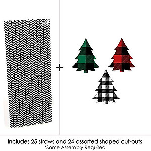 Big Dot of Happiness Holiday Plaid Trees - Paper Straw Decor - Buffalo Plaid Christmas Party Striped Decorative Straws - Set of 24