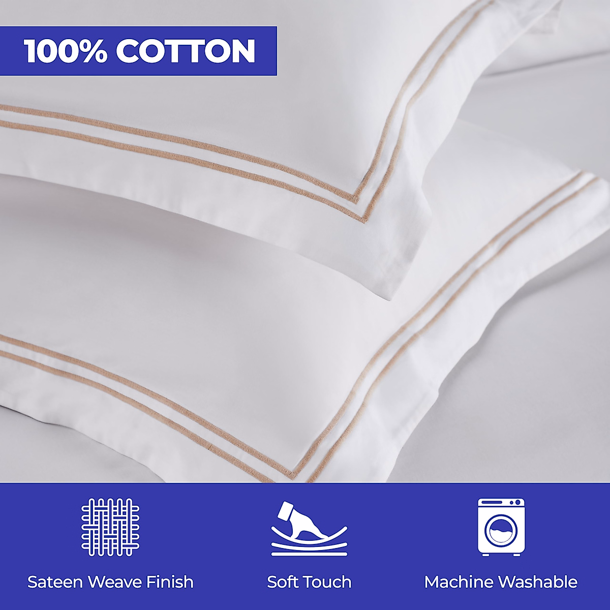 SUPERIOR Embroidered Cotton Duvet Cover Set, Soft Bedding Covers, 1 Duvet Cover with Button Closure, 2 Pillow Shams, Two-Line Design, Spring Blooms Collection, King/California King, White-Taupe