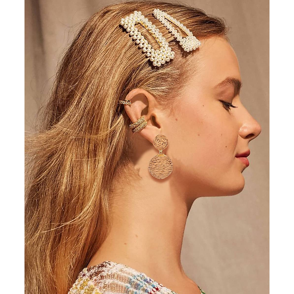 Statement Raffia Earrings, Boho Handmade Straw Rattan Drop Earrings, Geometric Raffia Lantern Dangle Earrings for Women Summer Beach Jewelry (Brown)