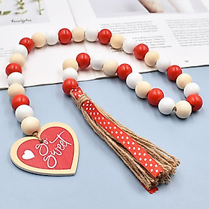 ABOOFAN Valentines Day Wood Beads Garland Tassel Heart Tassel Garland Farmhouse Rustic Beads with Jute Rope for Valentines Day Wall Hanging Decor