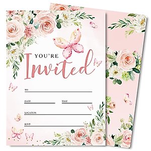 AnyDesign 20 Sets Butterfly Pink Floral Invitation with Envelopes Stickers 5 x 7 Inch Watercolor Flower Invitation Cards Blank Invites for Wedding Bridal Baby Shower Birthday Dinner Party