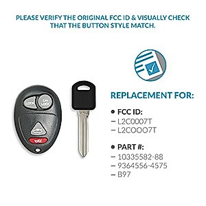 Keyless2Go Replacement for Keyless Entry Car Key Fob Vehicles That Use 4 Button L2C0007T 10335582-88 Remote, Self-Programming with New Uncut PK3 Transponder Ignition Car Key B97