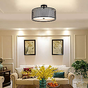 Ludil 17" Semi Flush Mount Ceiling Light Fixture, Modern 3-Light Black Durm Close to Ceiling Lighting with Metal Mesh Cage & Bottom Reflective Glass for Living Room Bedroom Kitchen Hallway Entryway