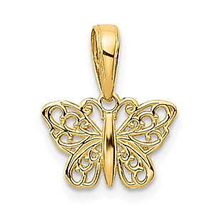 Solid 14k Yellow Gold Filigree Butterfly Charm Pendant - 8mm x 12mm