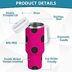 ODAWA Large Hot Pink Polka Dots Insulated Water Bottle with Handle and Straw, Insulated Stainless Steel Tumblers Insulated Travel Tumbler