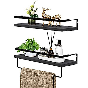 YIHATA Floating Shelf with Towel Wall Shelves,Set of 2 Wood Wall Storage Shelves with Metal Hooks for Kitchen, Bedroom, Bathroom, Office