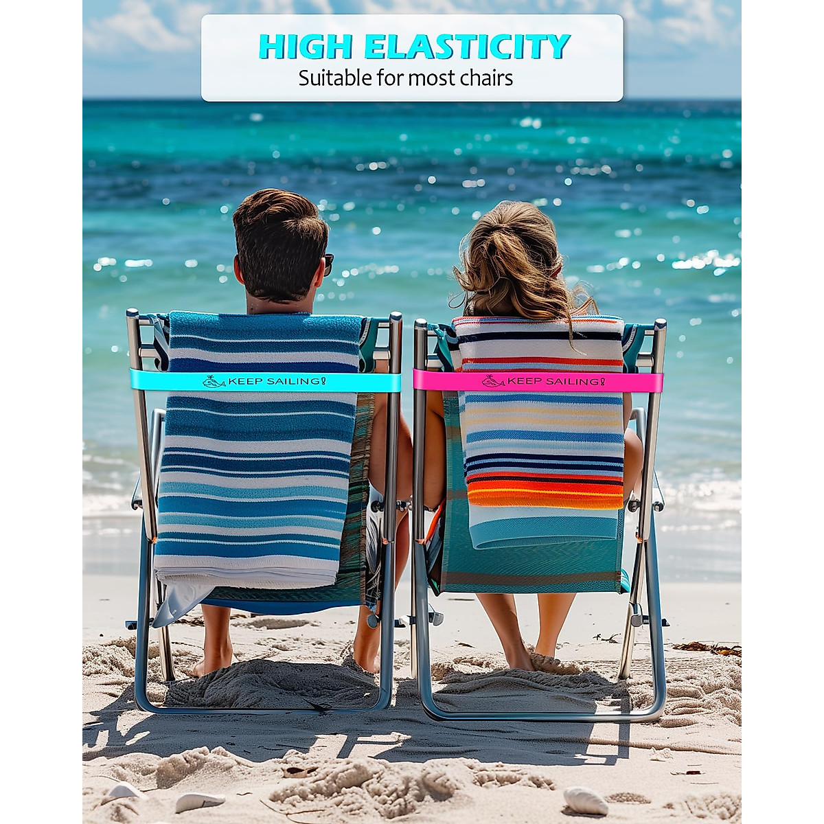 Beach Towel Bands, Stretch Rubber for Pool & Beach Chairs, Extra Durable, No Snapping, Cruise Ship & Beach Travel Essentials, Great Alternative to Beach Towel Clips (6 Pack)