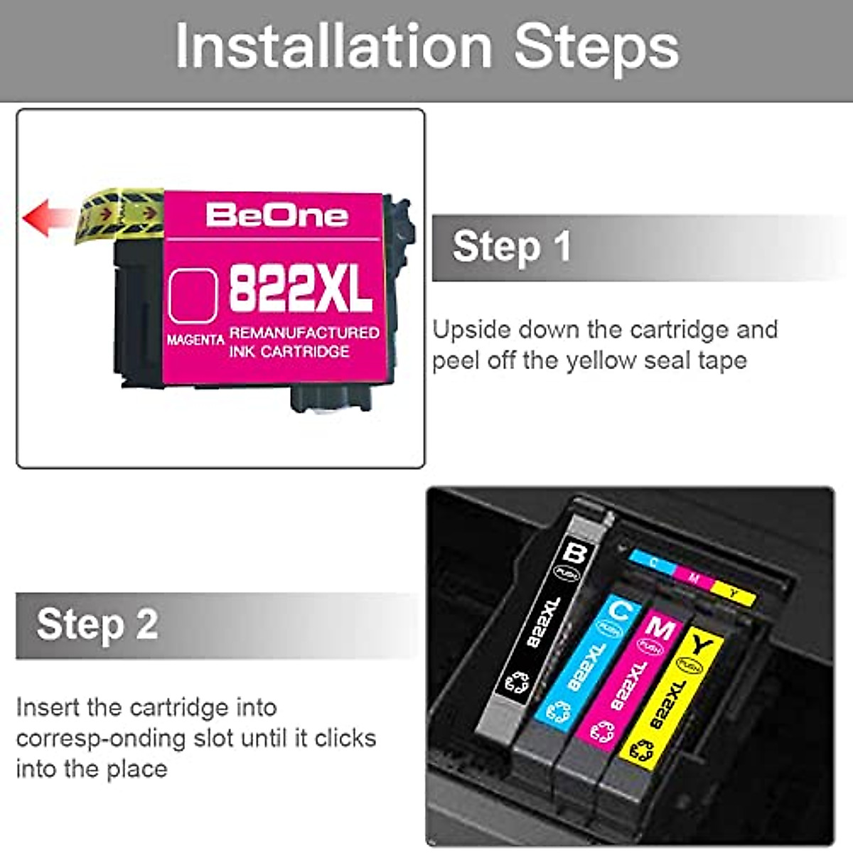 BeOne 822XL Magenta Remanufactured Ink Cartridge Replacement for Epson 822 XL 822XL T822 T822XL to Use with Workforce Pro WF-3820 WF-4820 WF-4830 WF-4834 (1 Magenta)
