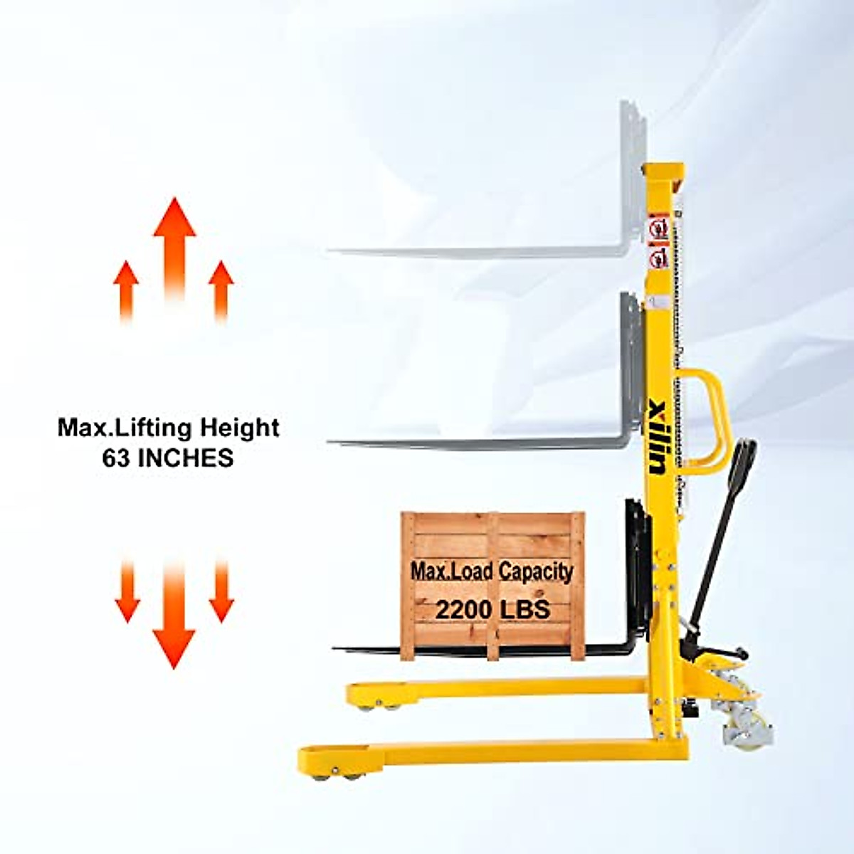 Xilin Manual Pallet Stacker 2200lbs Capacity 63" Lift Height with Straddle Legs Adjustable Forks