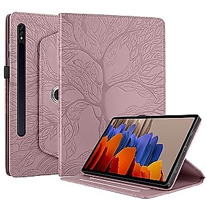 Schaflie Compatible with Samsung Galaxy Tab S9 2023/ Tab S8 2022/ Tab S7 2020 11 inch Case 360 Rotating Cover PU Leather Stand Function with Tree Embossed SM-X700/X706/T870/T875/T876B Rosegold