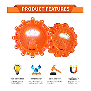 Markstor 3 Pack of LED Emergency Car Kit Flashing Warning Lights Roadside Security For Vehicle Truck Boats With Hook, Amber Safety Flares Warning Lights Disc Magnet (Battery Not Included)