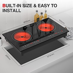 GTKZW Electric Cooktop 24 Inch,Electric Stove 2 Burners 110V Built-in and Countertop 2200W, LED Touch Screen, 9 Heating 9 Temperature, Overheat Protection, Kids Lock & Timer,Suitable for all Pans